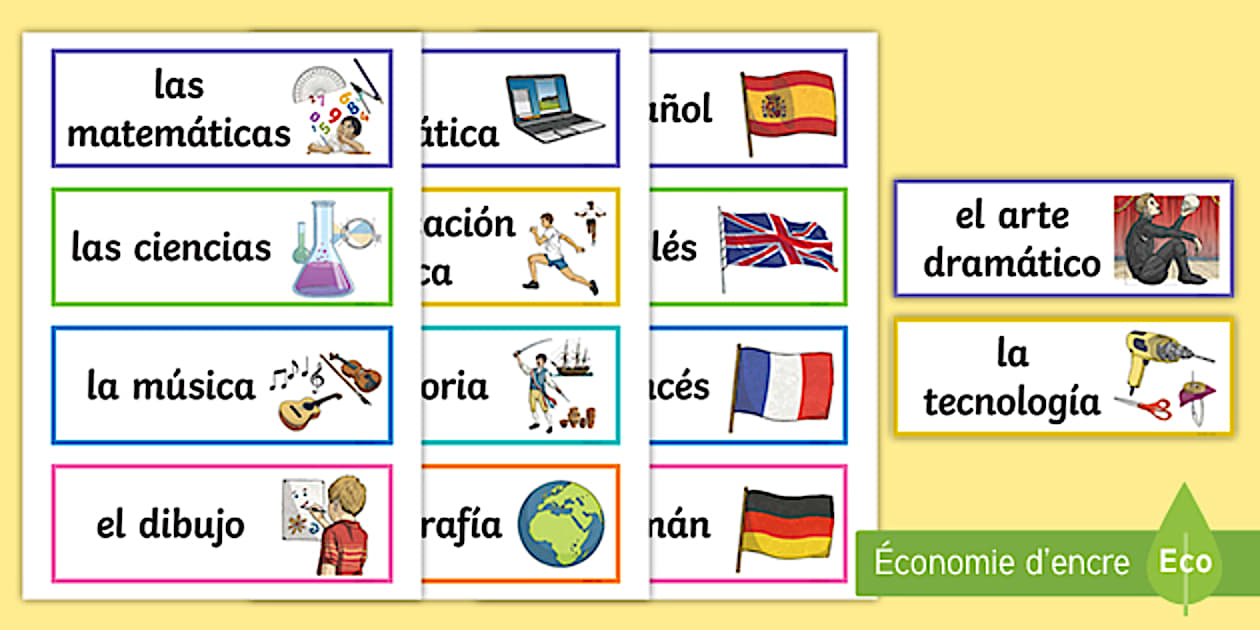 Cartes de vocabulaire : Les matières scolaires en espagnol