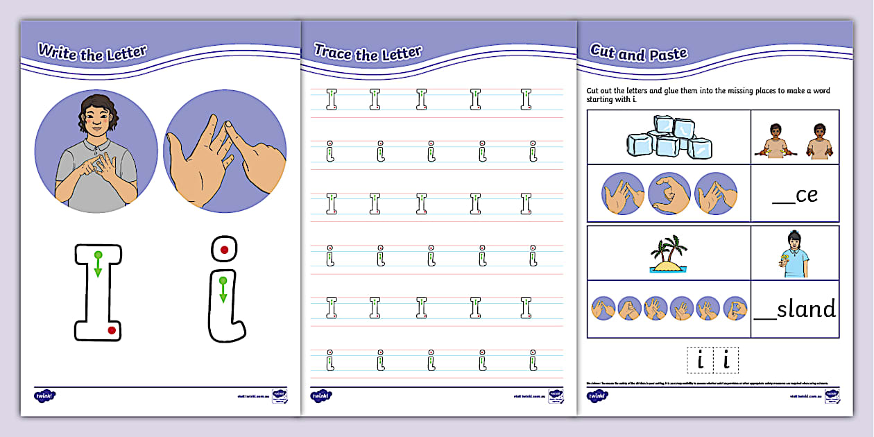 Letter I Handwriting Worksheets with Auslan (teacher made)