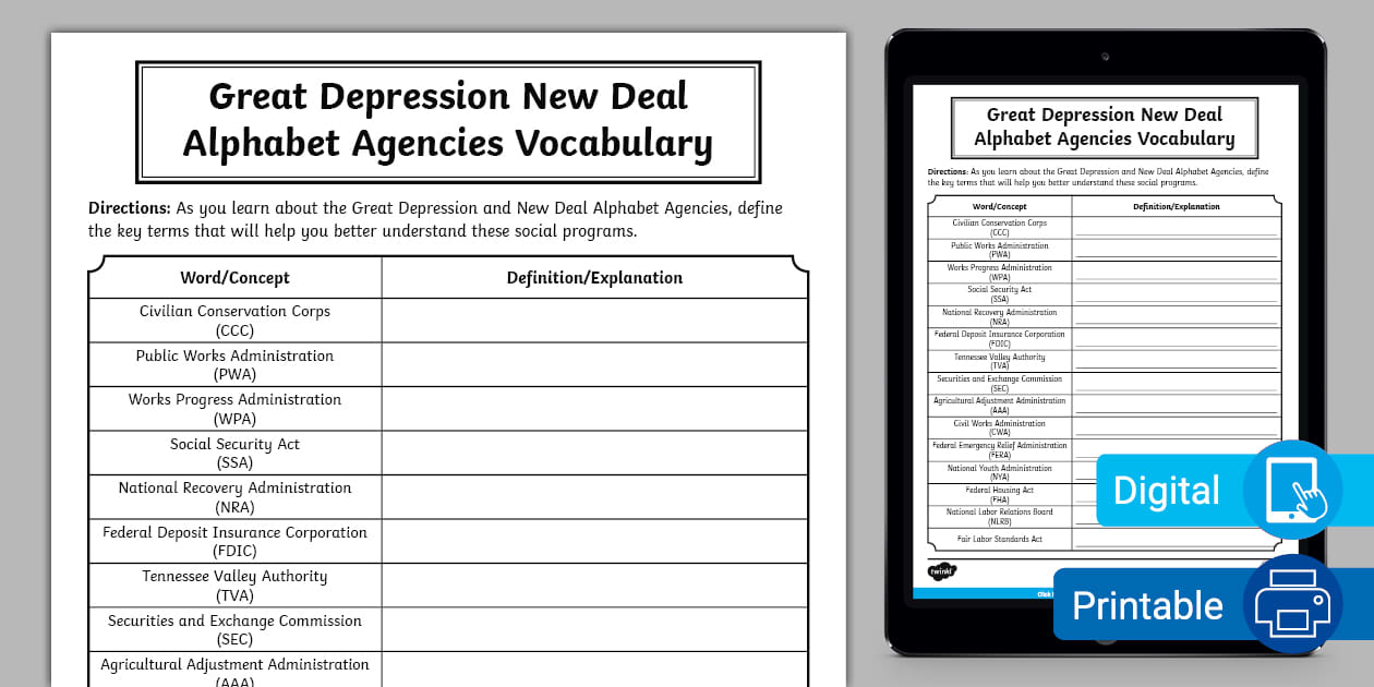 Great Depression New Deal Alphabet Agencies for 6th-8th