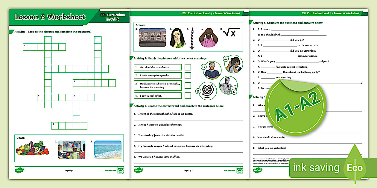 ESL Curriculum Level 4, Lesson 6 Worksheet - Twinkl