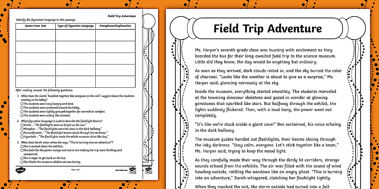 Seventh Gr Figurative Lang Close Read Field Trip Short Story