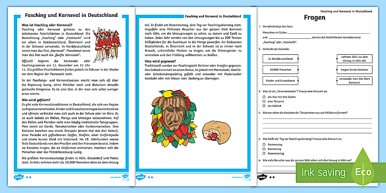 Karneval und Fasching in Deutschland Leseverstehen Arbeitsblätter: