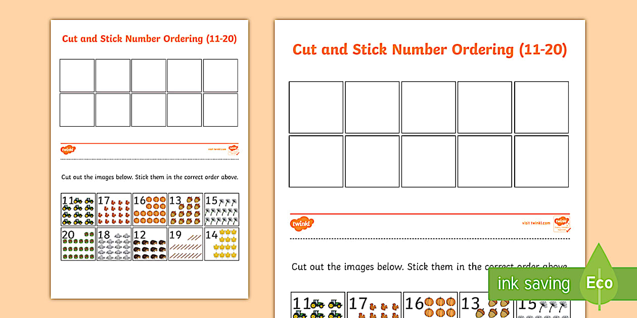 Editable Autumn Themed Cut and Stick Number Ordering Sheets 11-20