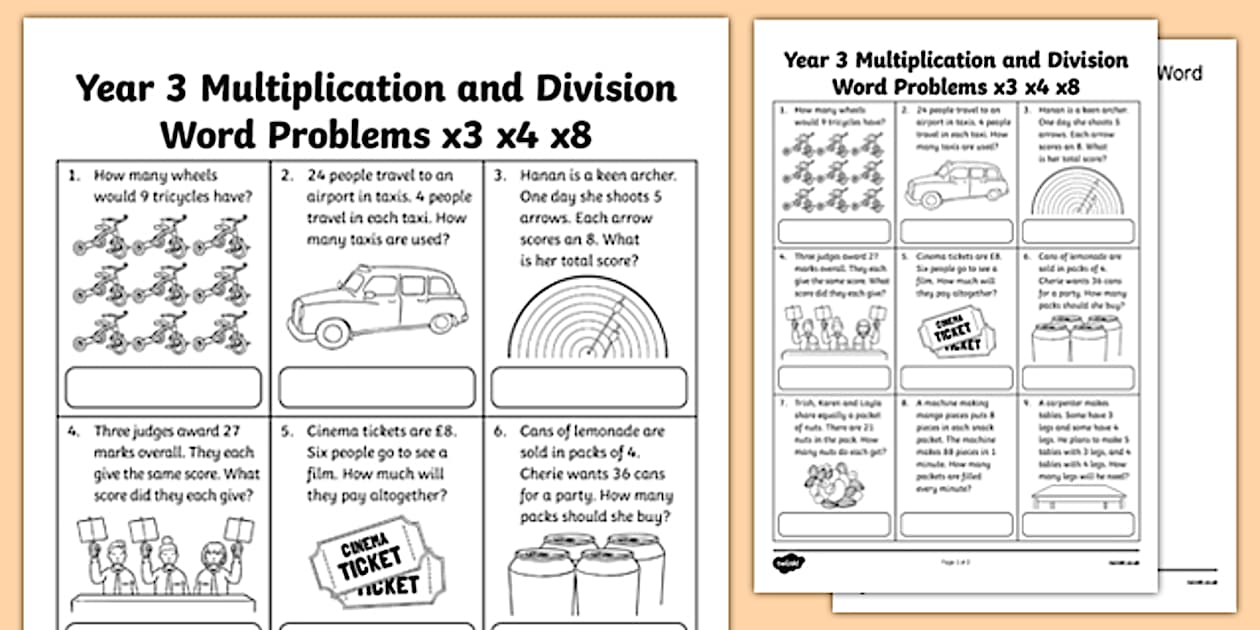 Grade 3 Multiplication and Division Word Problems x3 x4 x8 Worksheet