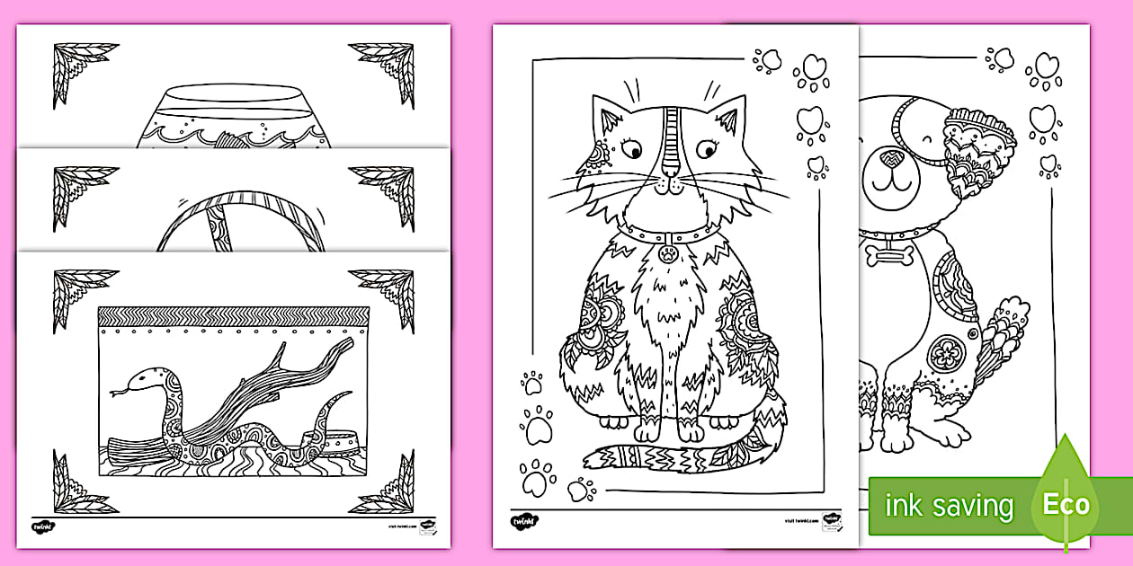 Pets Mindfulness Colouring Pages English/Spanish - Twinkl
