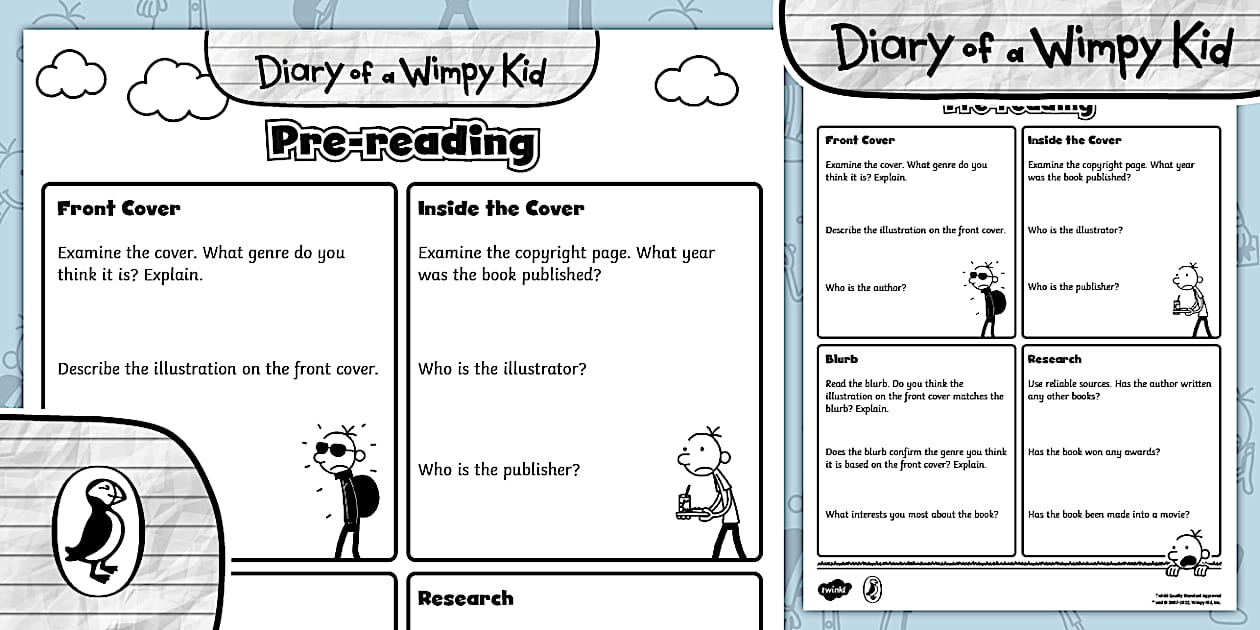 FREE! - Diary of a Wimpy Kid Pre-reading Worksheet - Twinkl