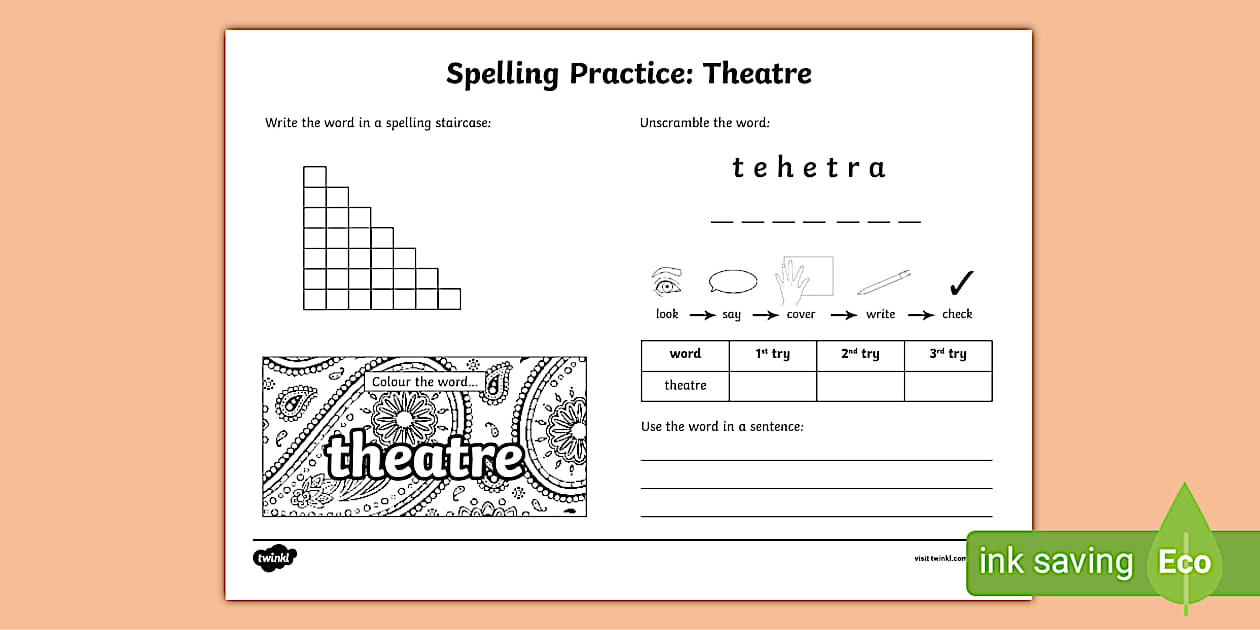 Theatre Spelling Practice Worksheet - Twinkl