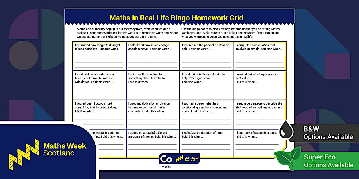 FREE! - Maths Week Scotland: Maths in Real Life Bingo Homework Grid