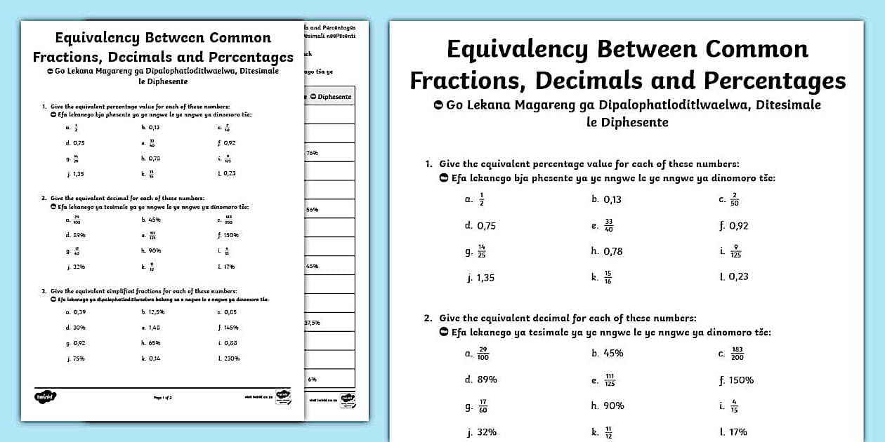 Equivalency Between Common Fractions, Decimals and Percentages Activity ...