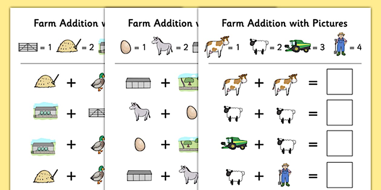 Farm Themed Addition with Pictures Worksheet / Worksheet Pack