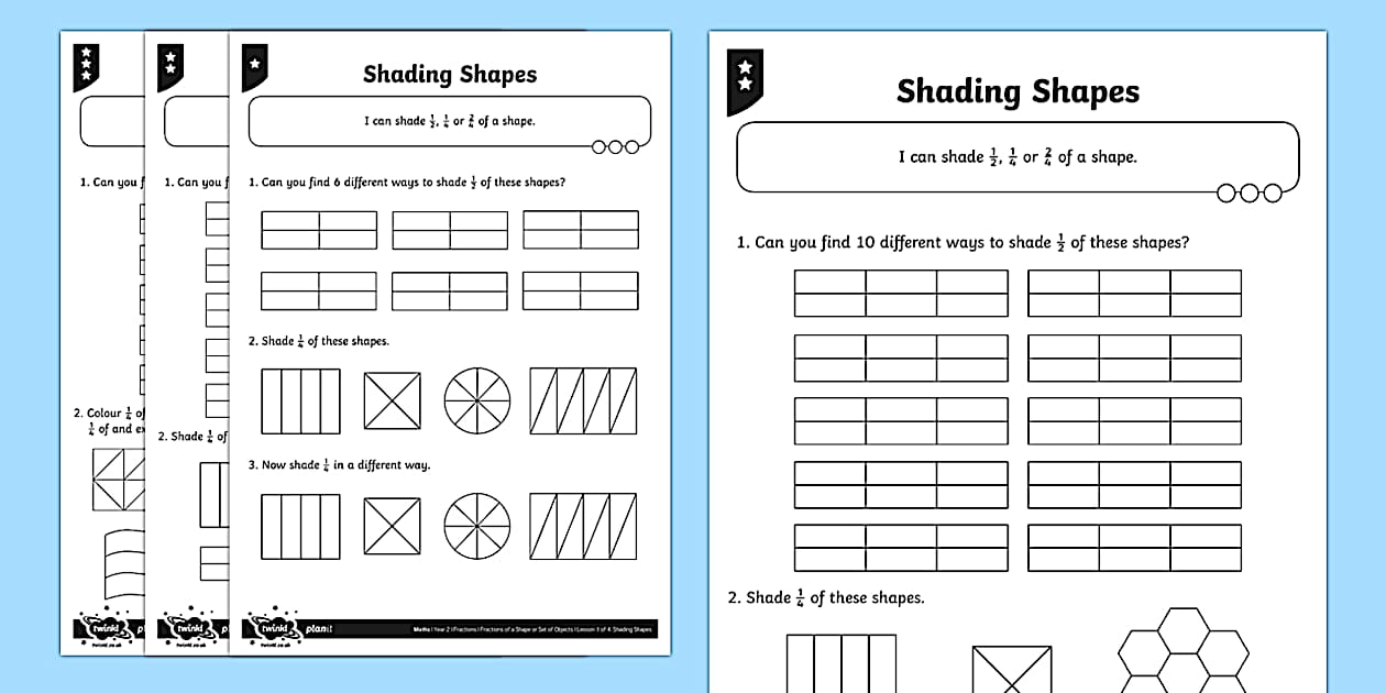 Editable Shade 1/2, 1/4 or 2/4 of a shape Differentiated Worksheets