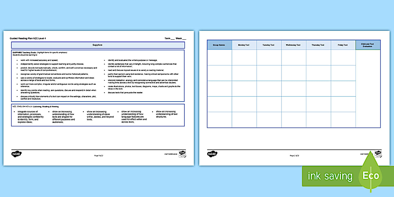 New Zealand Sapphire Guided Reading Weekly Plan Editable Proforma