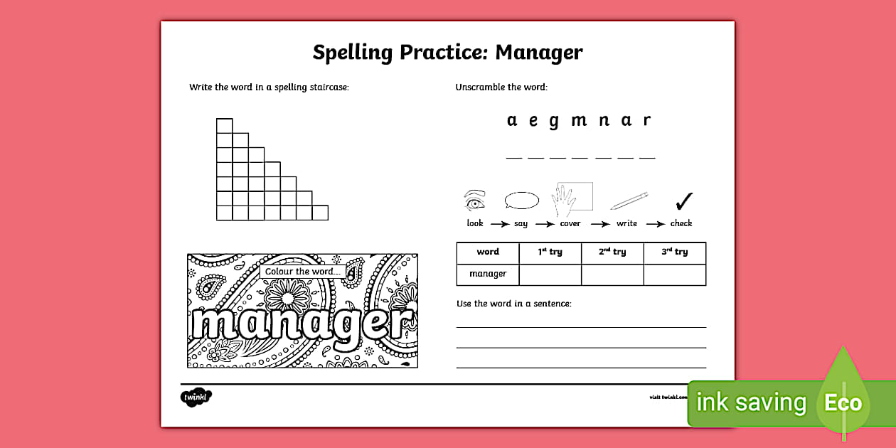Manager Spelling Practice Worksheet (l'enseignant a fait)