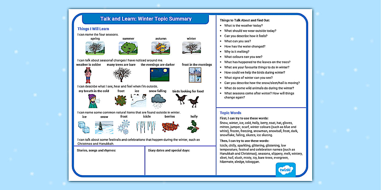 Talk and Learn: Winter Home Learning Knowledge Organiser