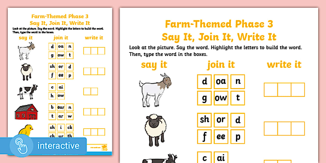 Interactive PDF: Farm-Themed Phase 3 Say It, Join It, Write It Activity