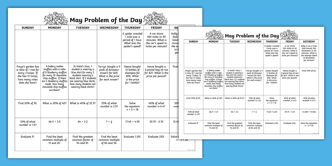 Sixth Grade 2025 Math Problem of the Day May Calendar