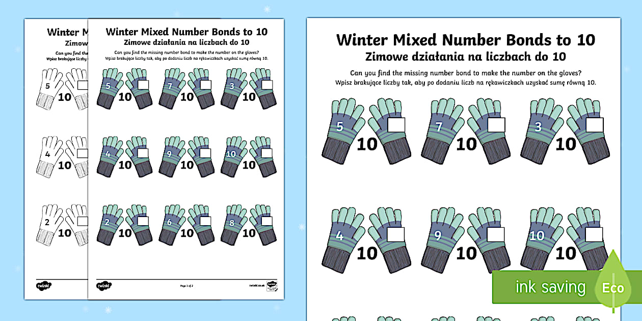 Black and White Winter Themed Mixed Number Bonds to 10 Worksheet