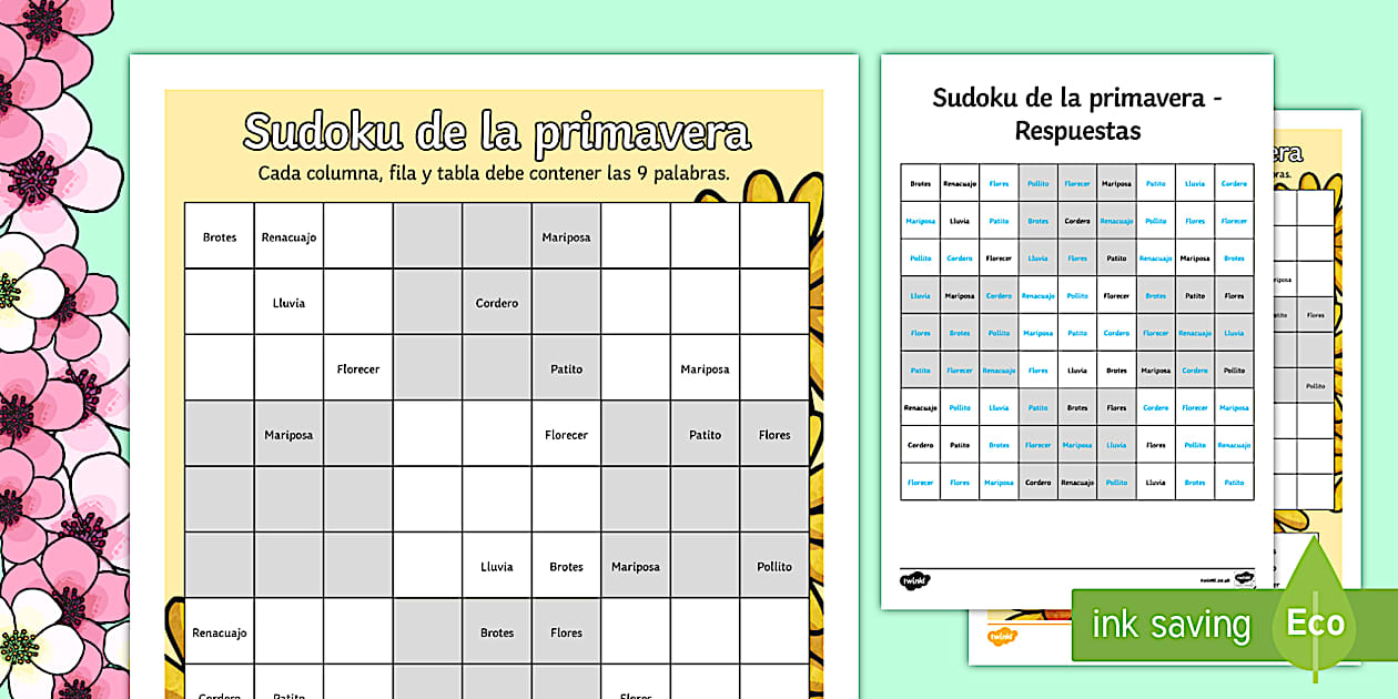 Black and White Spring Vocabulary Sudoku Spanish - Twinkl