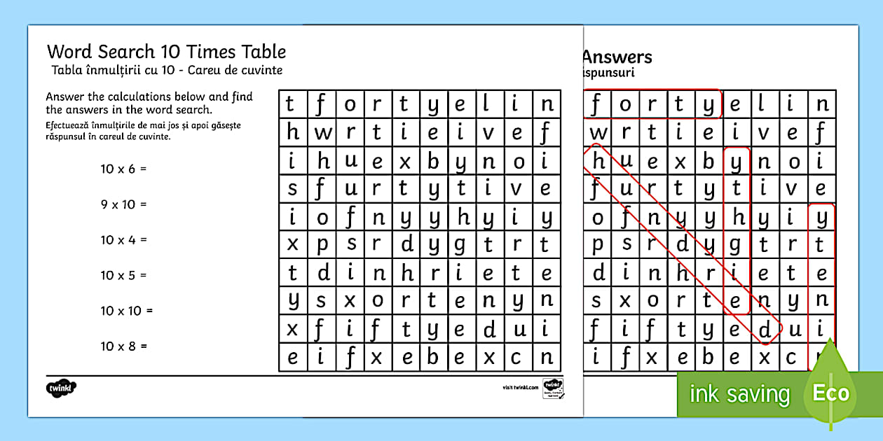 Multiplication 10 Times Tables Word Search Worksheet / Worksheet