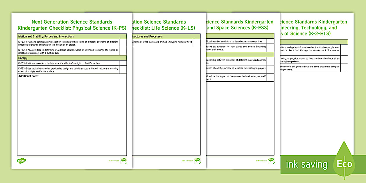 Next Generation Science Standards Kindergarten Checklist