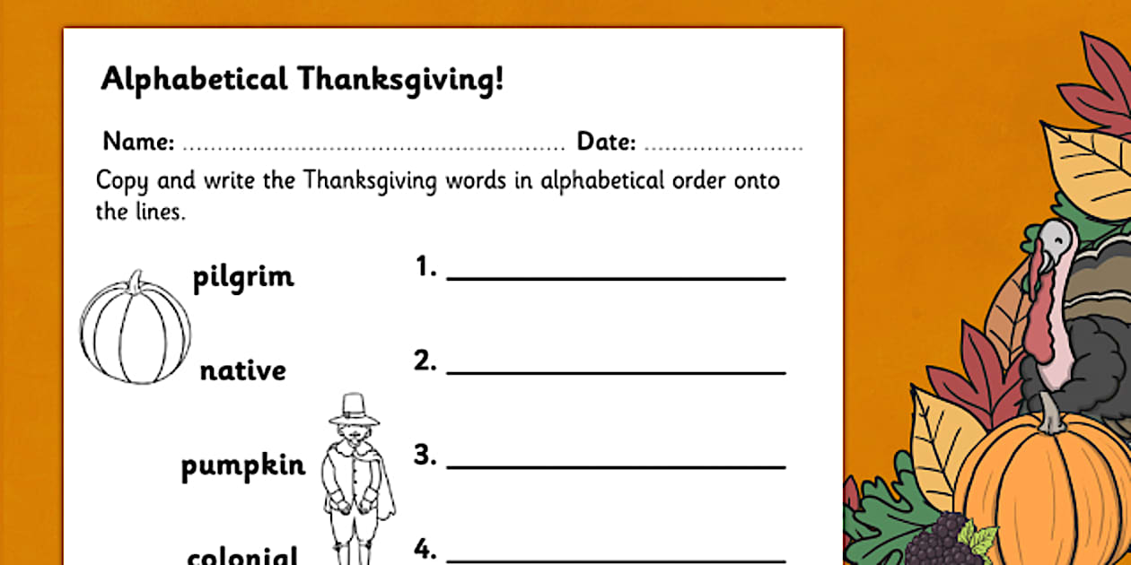 Thanksgiving Alphabet Ordering Worksheet (teacher made)