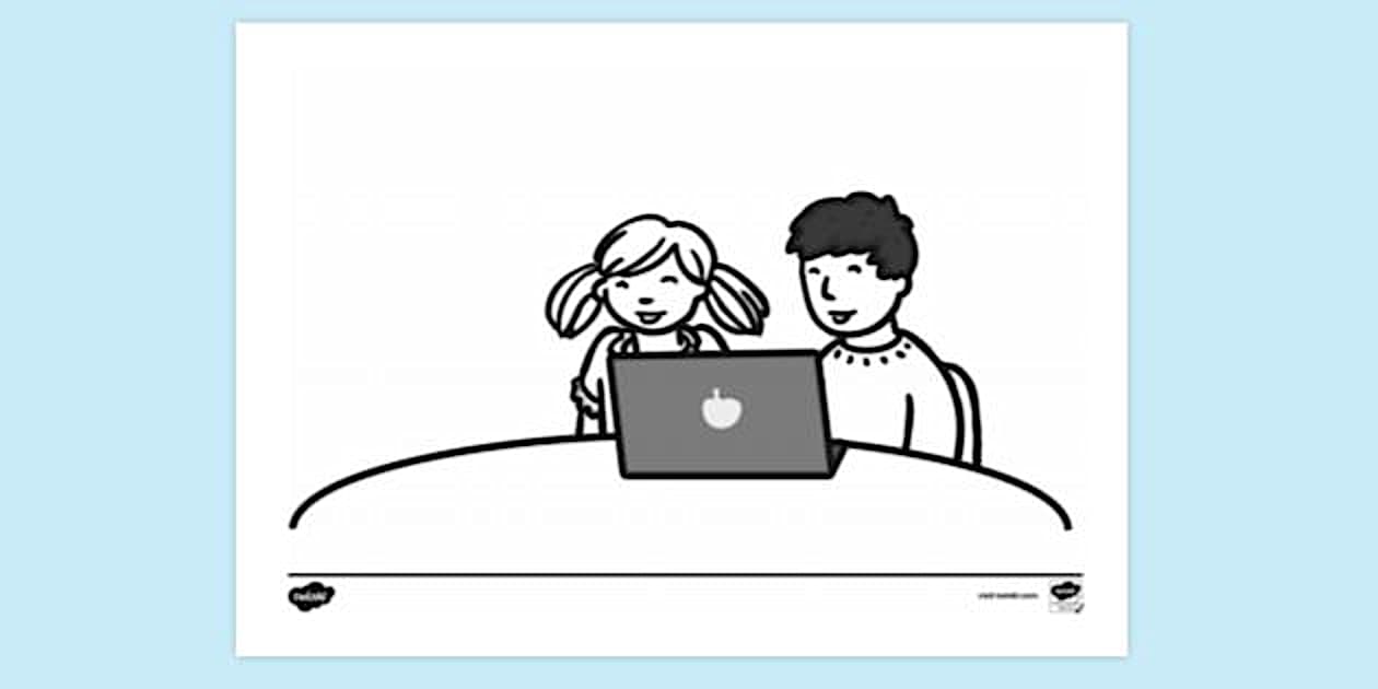 Children On Laptop Colouring Sheet | Colouring Page | Twinkl