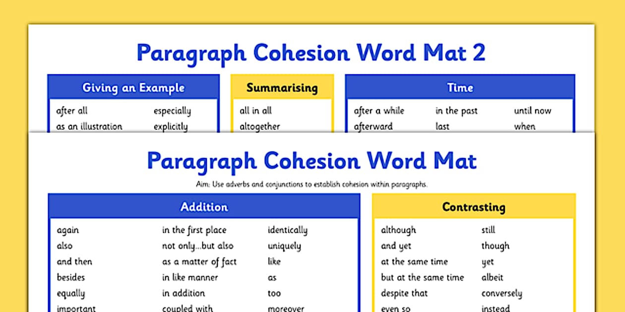 Black and White Paragraph Cohesion Conjunctions and Adverbials Word Mats