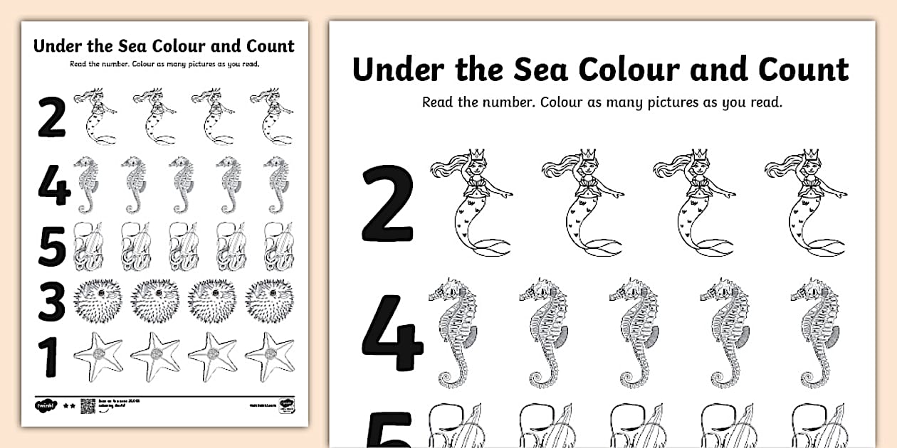 Under the Sea Themed Count and Colour Sheet (teacher made)