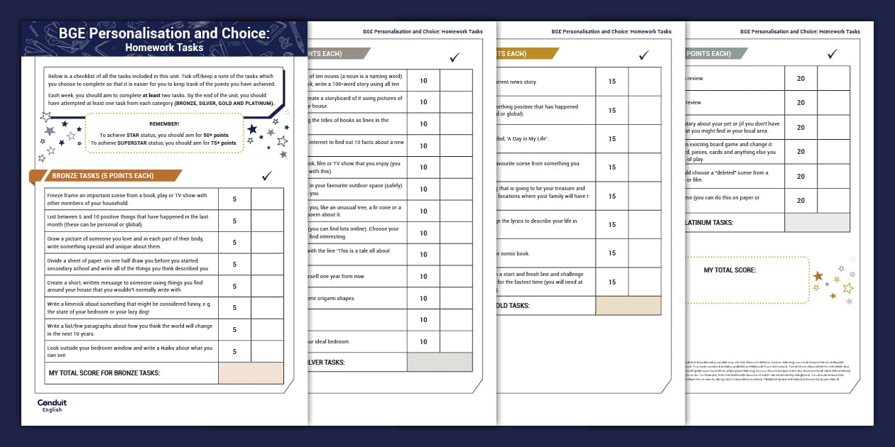 BGE Personalisation and Choice: Homework Tasks - Twinkl