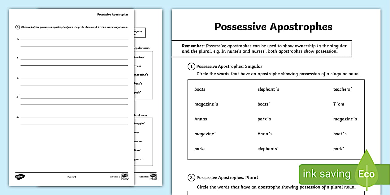 Possessive Apostrophes Worksheet (teacher made) - Twinkl