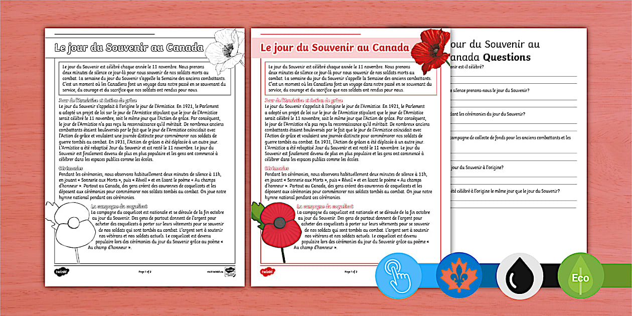 Canada Remembrance Day Reading Comprehension Activity French