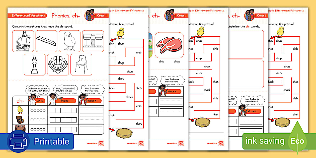 Grade 1 Phonics: ch- Differentiated Worksheets