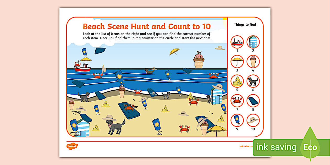 Beach Scene Hunt And Count To 10 Activity Sheet - Twinkl