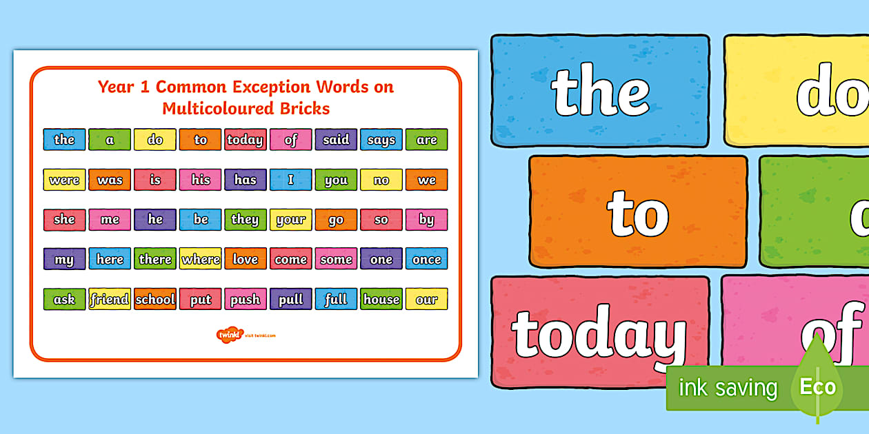 Editable Year 1 Common Exception Words on Multicoloured Bricks Display Pack