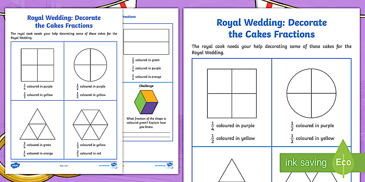 Year 2 The Royal Wedding: Decorate the Cakes Fractions Worksheet