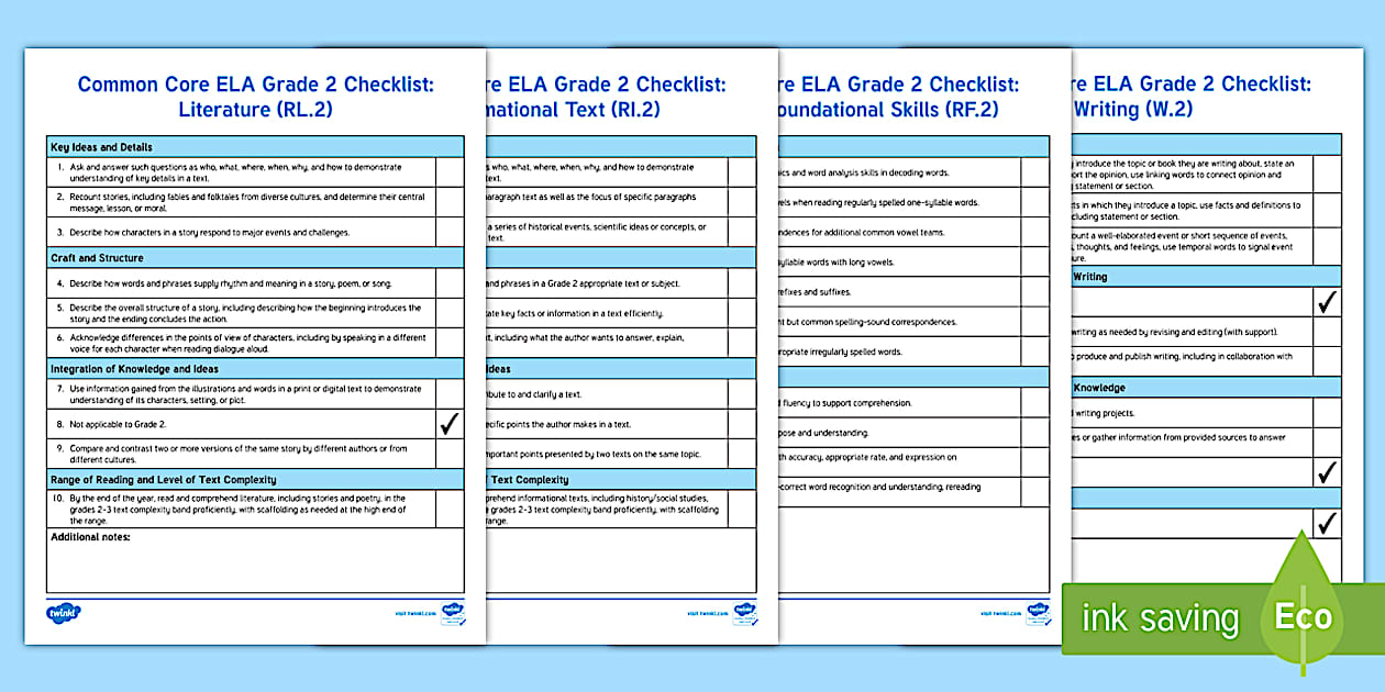 Common Core ELA Second Grade Standards Checklist - Twinkl