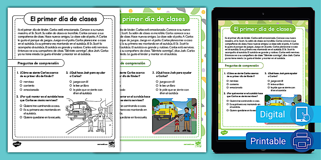 Actividad de comprensión de lectura para kindergarten: El primer día de ...