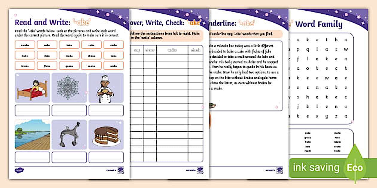 Word Family '-ake' Work Sheets (Teacher-Made) - Twinkl