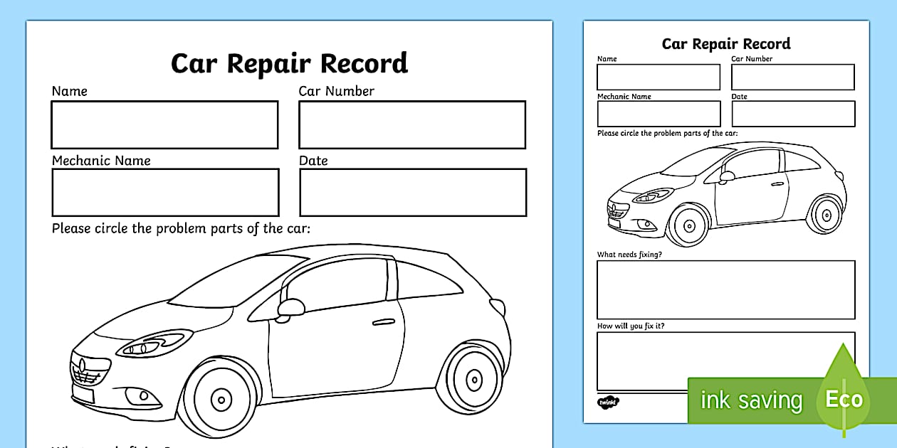Mechanic Roleplay Area Car Repair Record - Twinkl