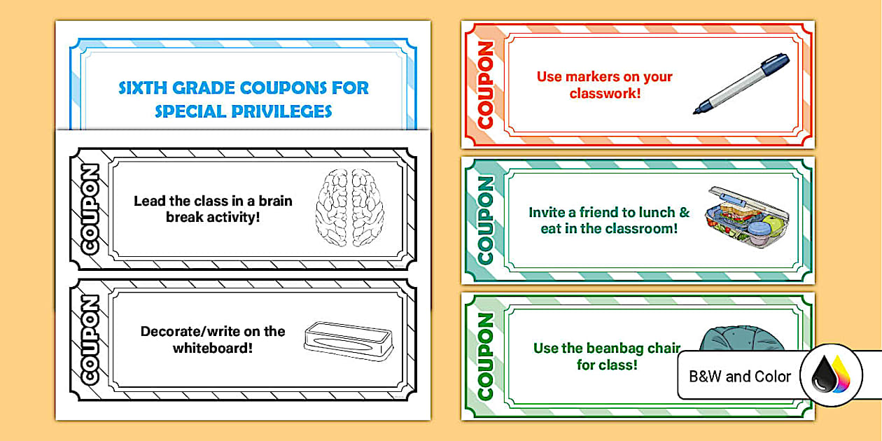 Sixth Grade Printable Classroom Coupons