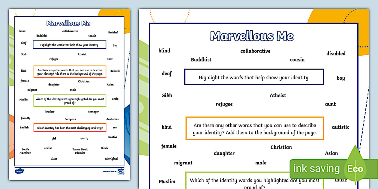 Marvellous Me and My Identity Activity - Twinkl