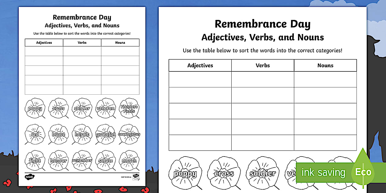 Adjectives, Nouns and Verbs for Remembrance Day