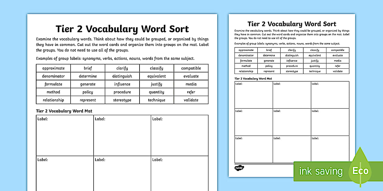 Tier 2 Vocabulary Word Sorting Worksheet - Twinkl