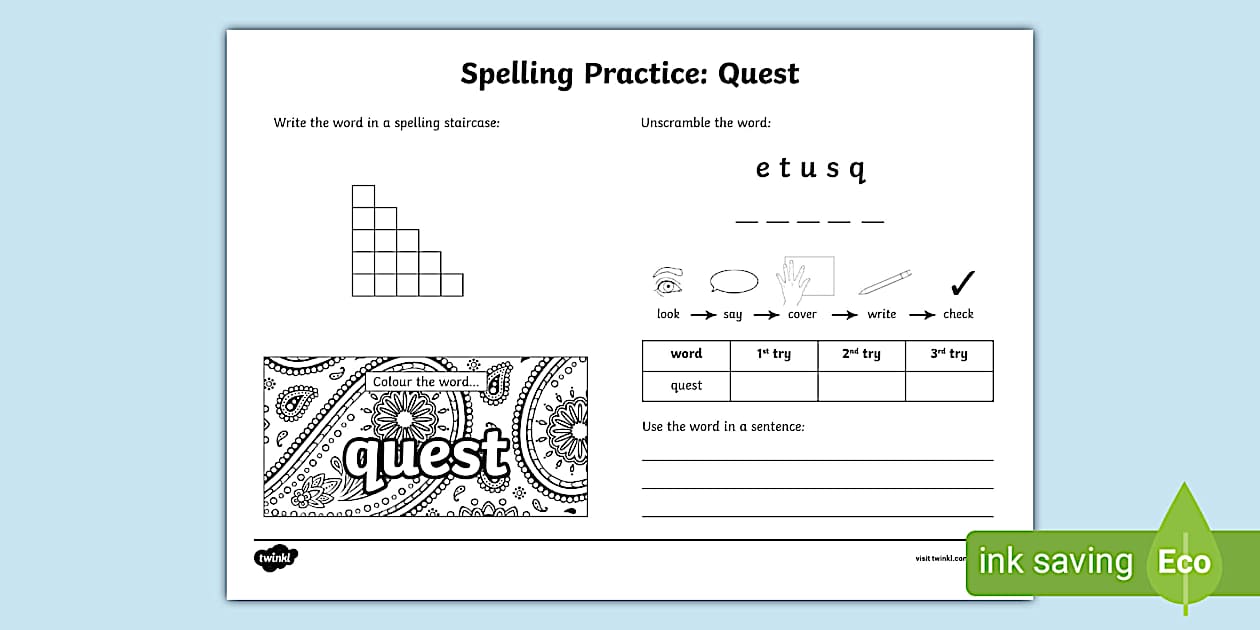 Quest Spelling Practice Worksheet (teacher made) - Twinkl