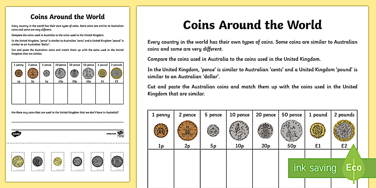 Coins Around the World Cut and Paste Worksheet / Worksheet