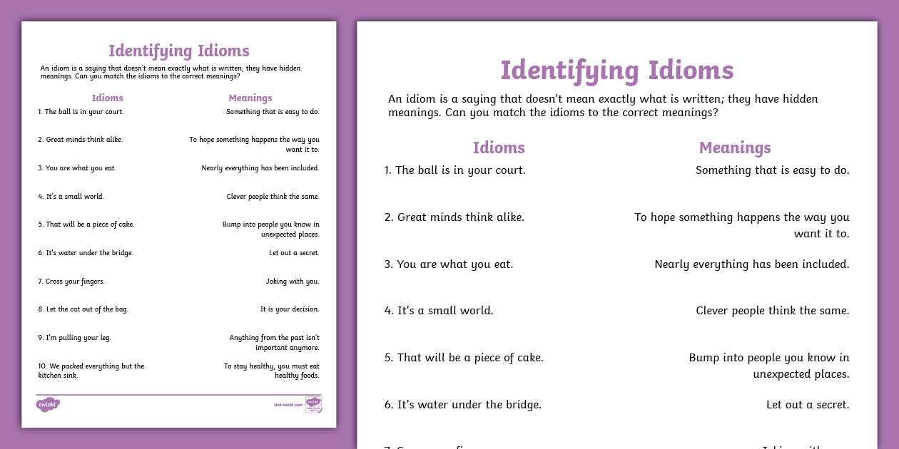 Identifying Idioms Worksheet for 6th-8th Grade