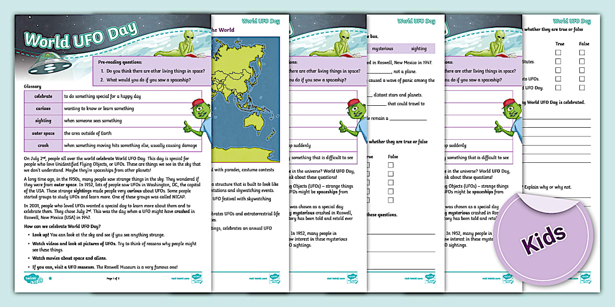 ESL World UFO Day Differentiated Reading Comprehension [Kids, A1-B1]