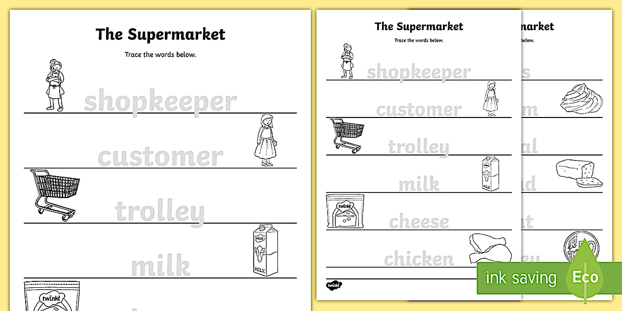 Cursive The Supermarket Aistear Trace the Words Worksheet