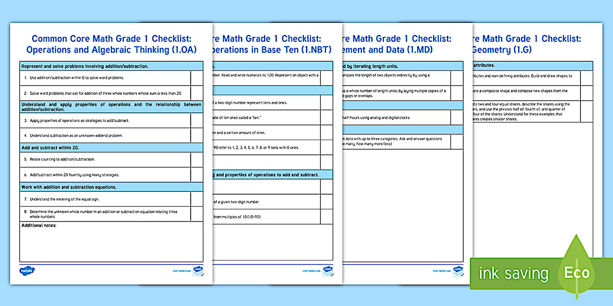 Common Core Math First Grade Standards Checklist - Twinkl
