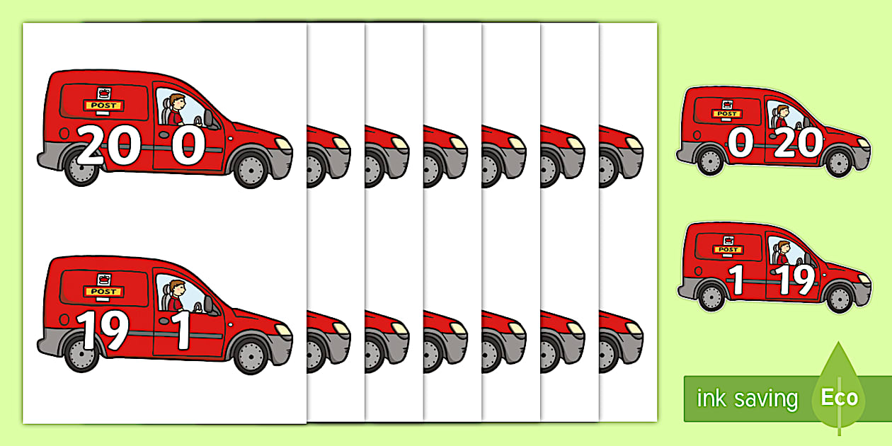 Editable Number Bonds of 20 on Postal Vans Cut-Outs - Twinkl